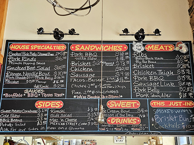 The chalkboard menu reads like poetry to meat lovers – brisket, ribs, and creative offerings like ramen bowls that prove barbecue knows no boundaries.
