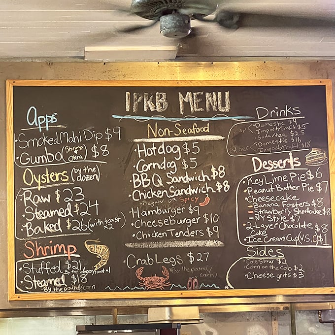 The chalkboard menu tells you everything you need to know. No QR codes, no daily specials app—just honest food at honest prices.