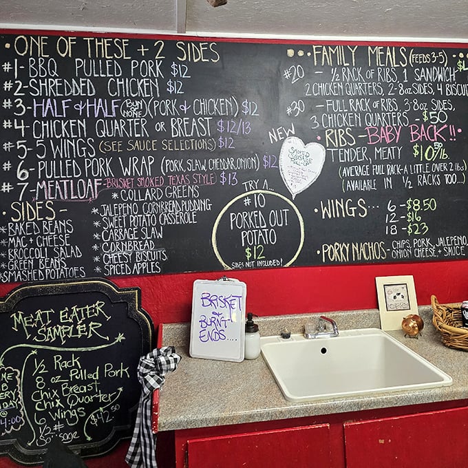 A chalkboard menu that reads like poetry to carnivores. The "Porked Out Potato" alone is worth the drive to North Lewisburg.