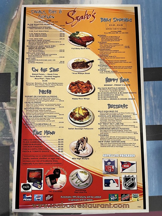 A menu that doesn't mess around—straightforward steaks, seafood, and comfort classics that'll make your stomach growl just reading it.