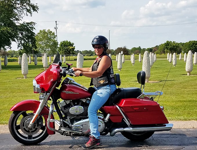 Even motorcyclists can't resist pulling over for this kernel of roadside Americana—a true pit stop for the curious traveler.
