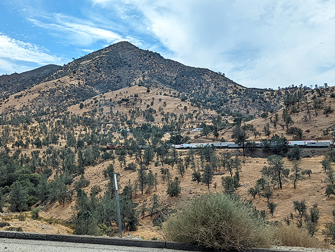 Nature's drama unfolds as a train snakes through Tehachapi's golden hills. This is California's hidden heartland, rugged and surprisingly serene.