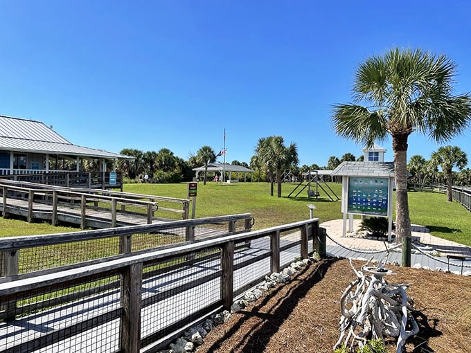 Island infrastructure that doesn't spoil the view. This visitor area blends into the landscape like a turtle on the beach—natural and right at home.