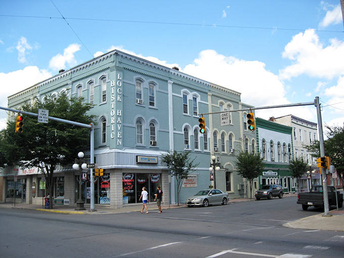 The historic Lock Haven Hotel building stands as a teal-colored testament to the town's lumber boom days, when architectural details weren't considered optional extras.