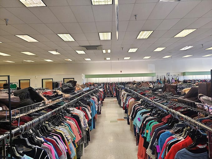 Each rack tells a different story—rows upon rows of clothing waiting for their second chapter in someone else's wardrobe.