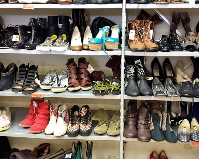The shoe section: where forgotten footwear finds new life and shoppers discover that Cinderella moments don't require a fairy godmother—just patience and $25.