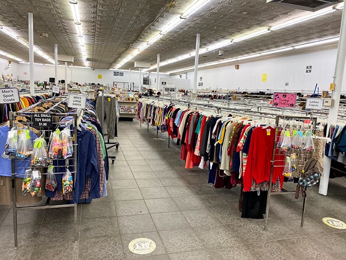 Racks upon colorful racks stretch toward the horizon—a textile landscape where yesterday's fashion finds tomorrow's admirers at prices that'll make your wallet smile.