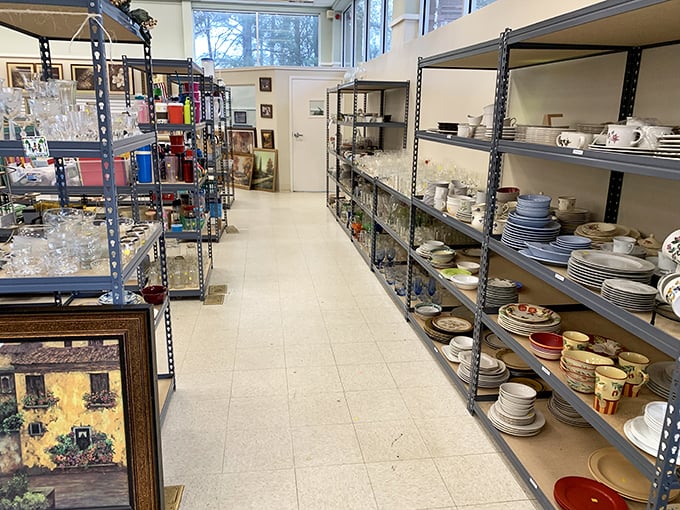 Aisle after aisle of perfectly organized dishware – where your grandmother's china pattern is probably waiting to be rediscovered.