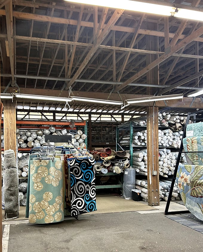 Fabric heaven awaits the creative soul! Rolls upon rolls of textiles stand ready to transform into your next project or breathe new life into tired furniture.