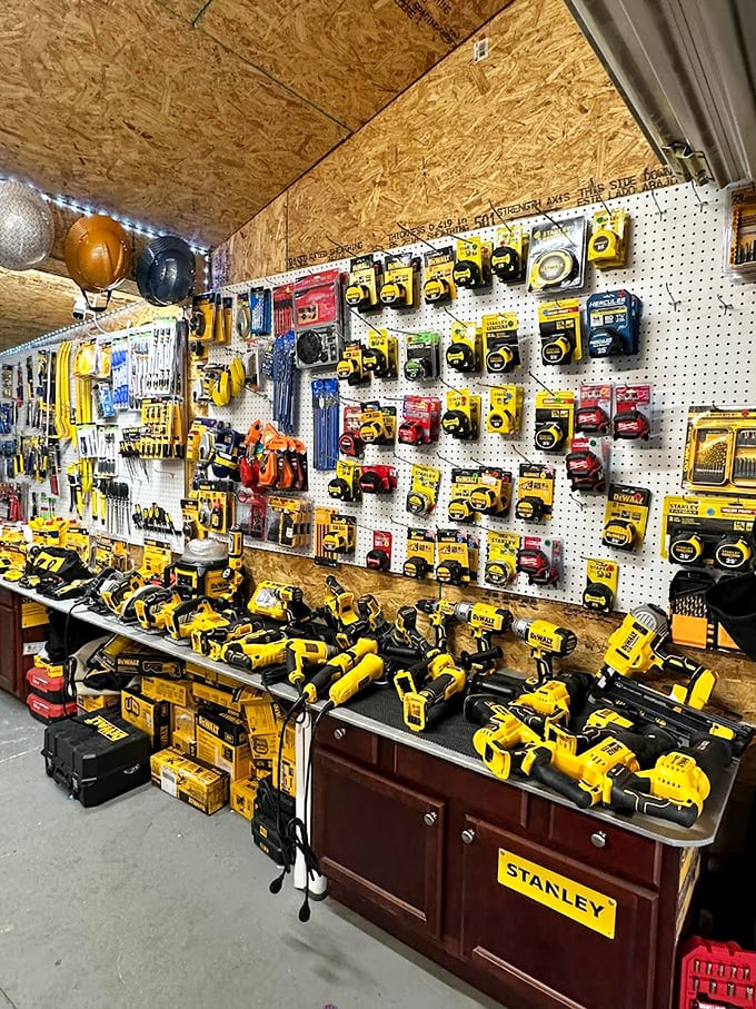Yellow tool heaven! DeWalt devotees will feel like kids in a candy store browsing this impressive collection of power tools.