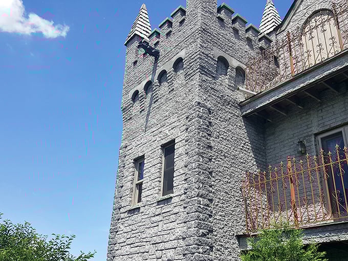 Those aren't CGI effects—that's genuine stonework reaching skyward, where medieval architecture meets Midwestern skies in an unlikely but magical union.