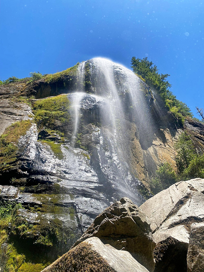 From this angle, the waterfall looks like it's performing just for you – nature's private concert hall experience.