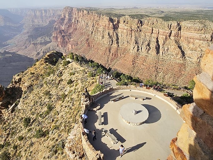 From this circular plaza, the canyon unfolds like nature's IMAX theater—no 3D glasses required for this spectacular show.