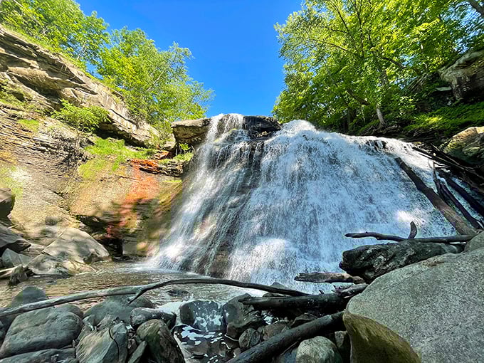 From this angle, you can almost feel the mist on your face. The summer sun transforms falling water into thousands of glistening diamonds.