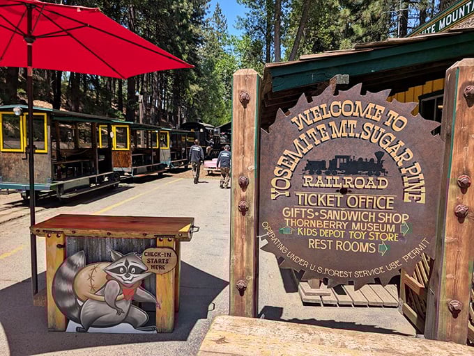 Not your average welcome sign! This rustic wooden entrance promises adventures that Disneyland engineers wish they could bottle and sell. 