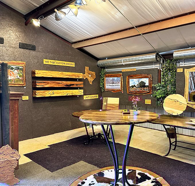 Texas-shaped wooden creations that say "I'm not just furniture, I'm a conversation piece." Craftsmanship that turns local wood into functional art.