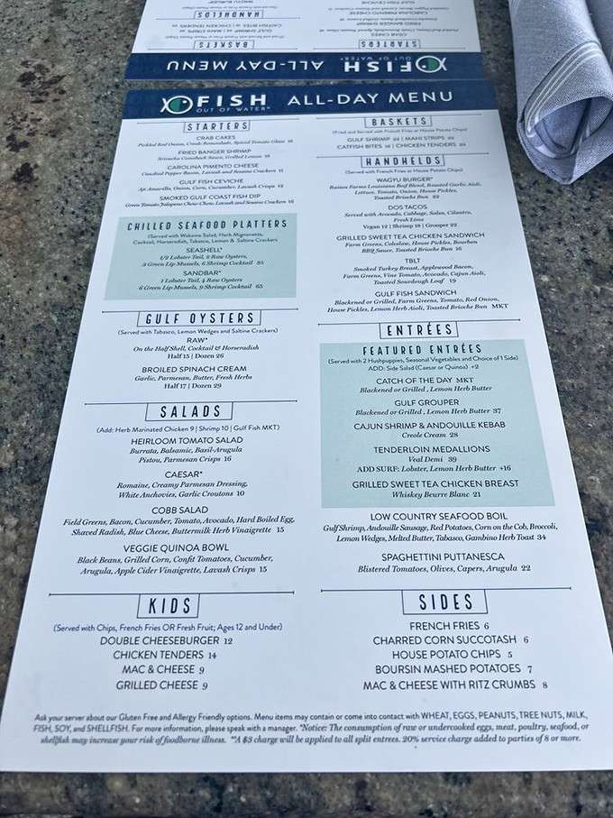 This menu isn't just a list of options—it's a treasure map where X marks the grouper sandwich and every path leads to deliciousness.