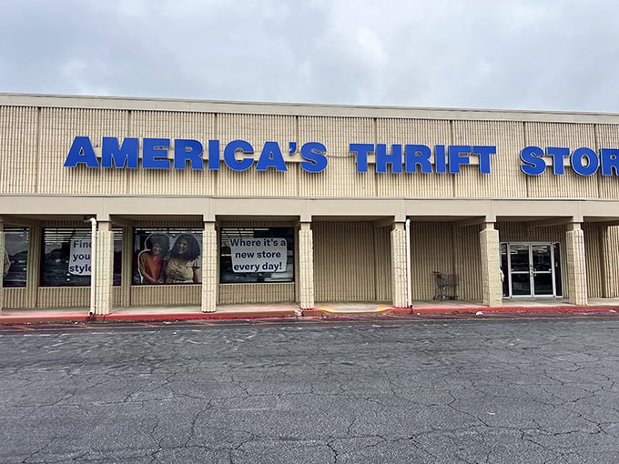 Those bold blue letters could be seen from space! This thrift store stands proud like the Statue of Liberty for the bargain-hunting patriots.
