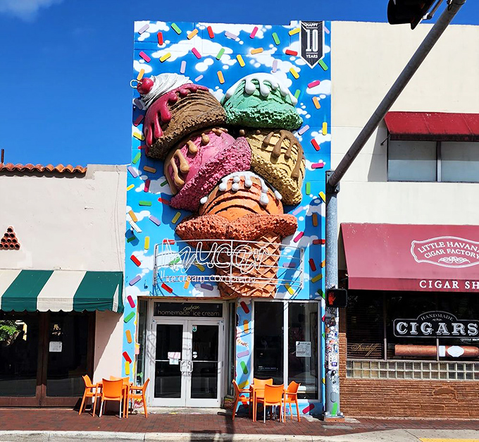 Azucar's towering ice cream cone mural isn't just art – it's a colorful beacon calling to dessert lovers throughout Little Havana.