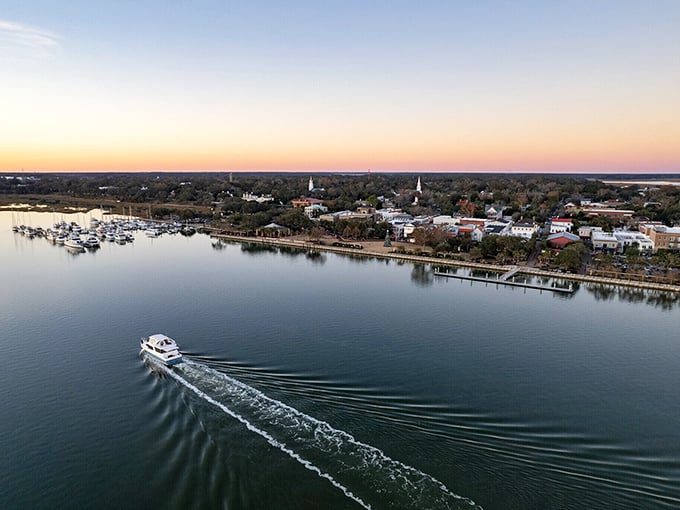 Golden skies, calm waters, and a boat gliding by—Beaufort’s peaceful waterfront is the perfect spot to unwind and explore. 
