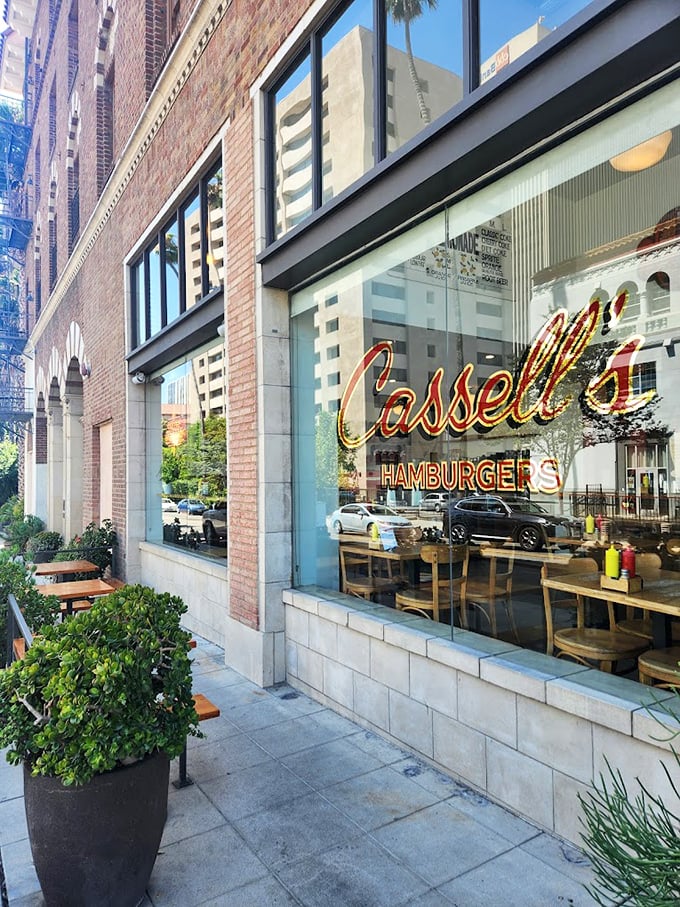 Cassell's storefront whispers of burger sophistication – a temple of beef where downtown LA's concrete jungle meets gourmet simplicity.