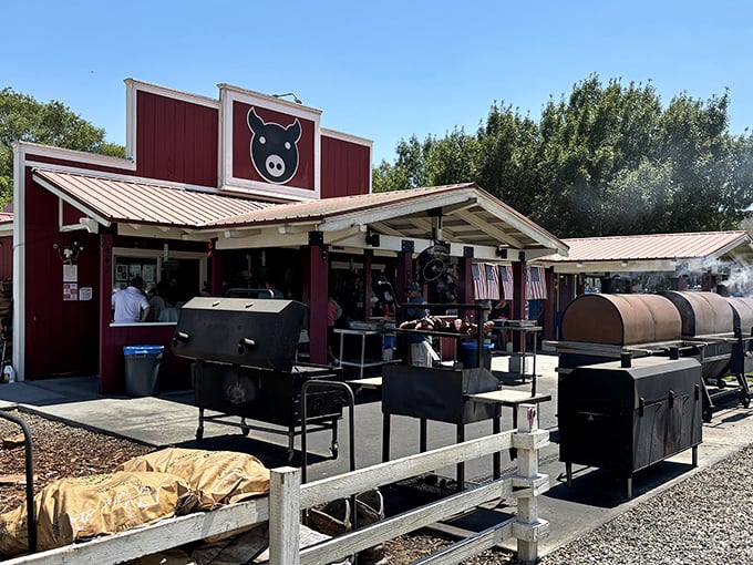 Copper Top BBQ's bright red pig sign is like a beacon for hungry travelers. In the shadow of the Sierras, this roadside gem proves paradise can be found between two buns.