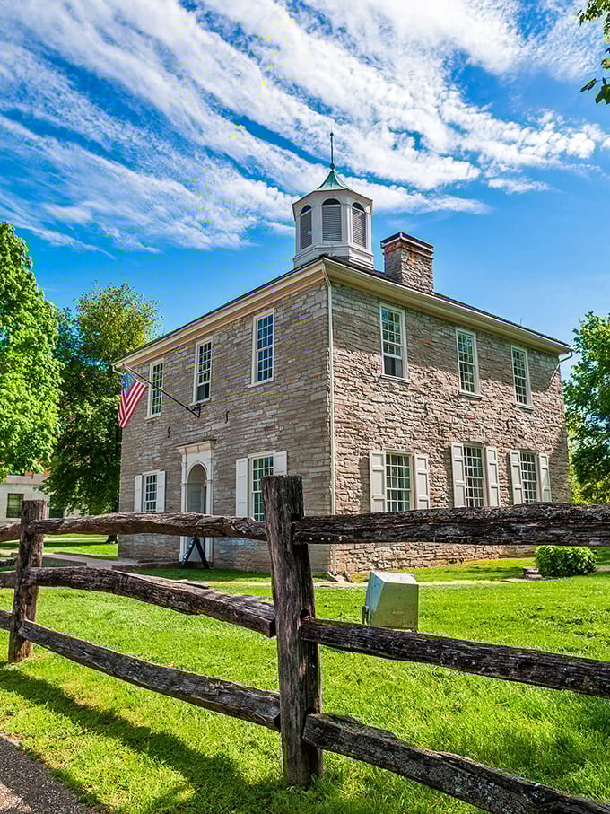 This stately stone building in Corydon whispers tales of Indiana's past while your bank account breathes a sigh of relief.