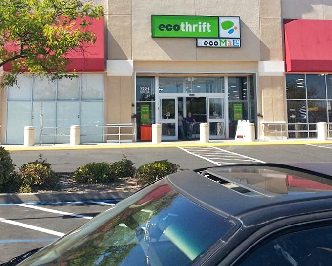 Eco Thrift's bright green sign promises earth-friendly shopping adventures. Your wallet and the planet both say thanks!