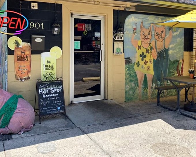 Hot Spot Barbecue's whimsical mural hints at the personality inside. This unassuming spot serves serious barbecue with a side of charm.