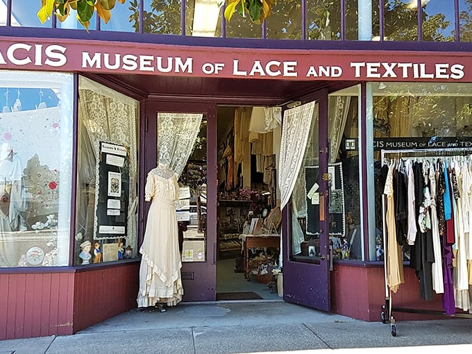 Delicate lace curtains frame a window into centuries of exquisite needlework and textile artistry.