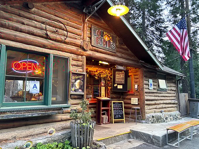 LouEddie's rustic log cabin looks like it was plucked straight from a fairy tale – if that fairy tale involved magnificent mountain pizza.
