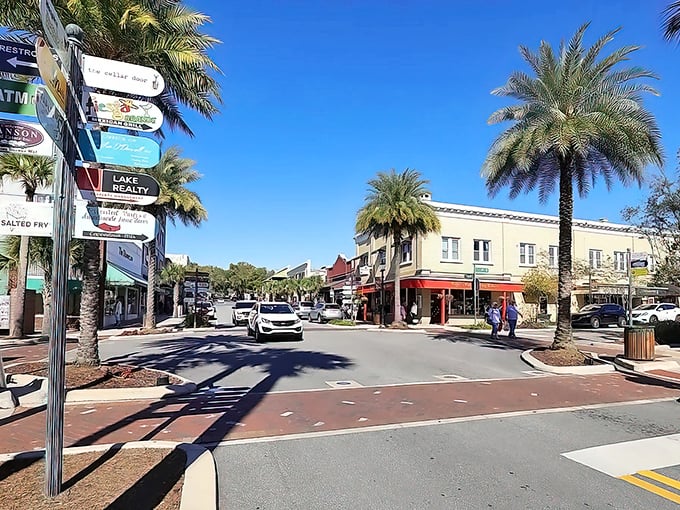 Mount Dora's directional signs aren't just helpful—they're like a treasure map to vintage finds! Those palm trees? Nature's exclamation points!