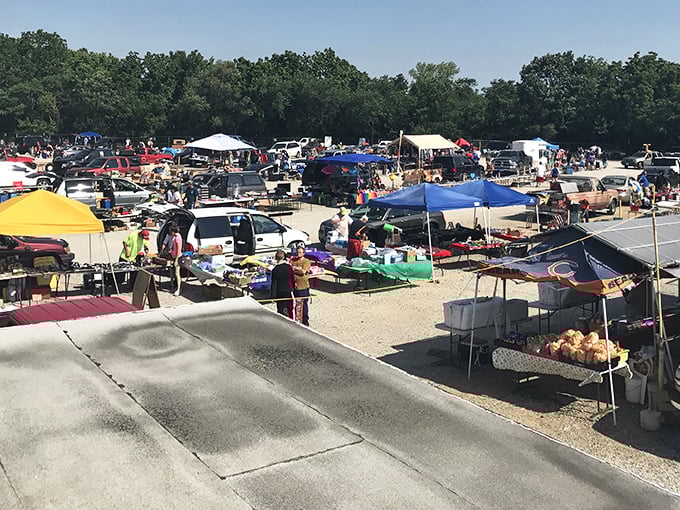 Nothing says "serious shopping" like a sea of colorful umbrellas protecting both shoppers and their soon-to-be-discovered treasures from the elements.