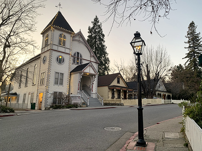Nevada City's church spire reaches skyward, a spiritual landmark in a town built on earthly treasures.