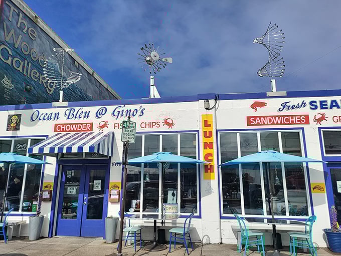 Ocean Bleu's vibrant facade is like a cheerful lighthouse for the hungry – signaling "great seafood ahead" to all who pass by.