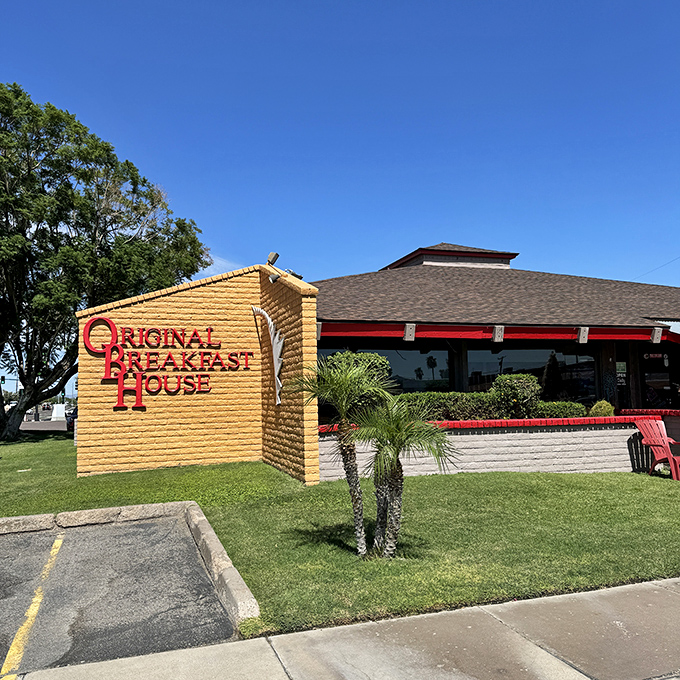 Original Breakfast House's sunny exterior and palm trees create the perfect Arizona morning backdrop for pancakes that defy gravity.