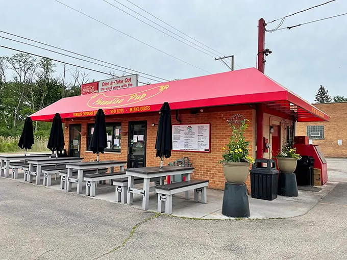 Paradise Pup's cherry-red awning promises shelter from ordinary burgers and a gateway to flavor heaven.