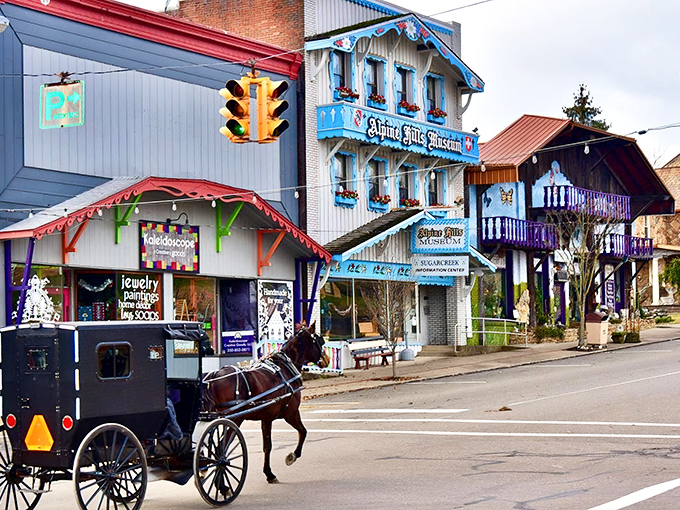 Main Street magic! Colorful storefronts and Alpine charm create a "Little Switzerland" that would make Heidi feel right at home. 