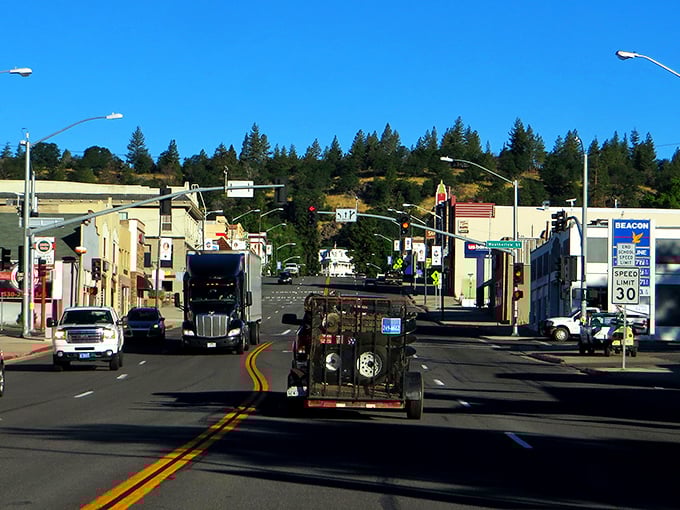 Susanville's main street combines mountain town charm with practical amenities. That Texaco sign means you're not completely off the grid!