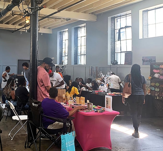 Sunlight streams through historic windows, transforming The Black Mall into Baltimore's brightest showcase for local creativity and culture.