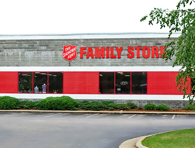 The Salvation Army's iconic red signage—like a beacon for bargain hunters in a sea of retail madness.