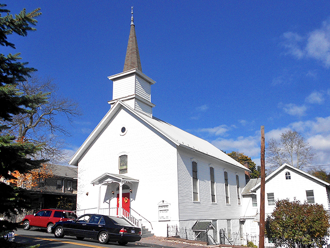 White steeple, bright red door, and a sky so blue—this charming White Haven church feels like pure small-town Pennsylvania peace.