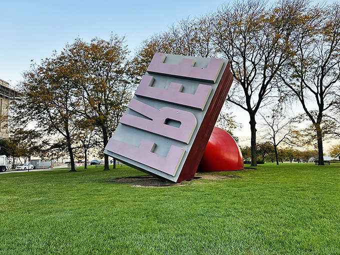 "FREE" at last! Cleveland's giant stamp makes its mark on the city skyline with bold artistic flair.