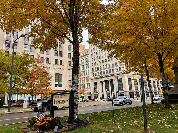 Fall colors frame Youngstown's historic buildings, where autumn beauty comes free but everything else costs less than you'd expect.
