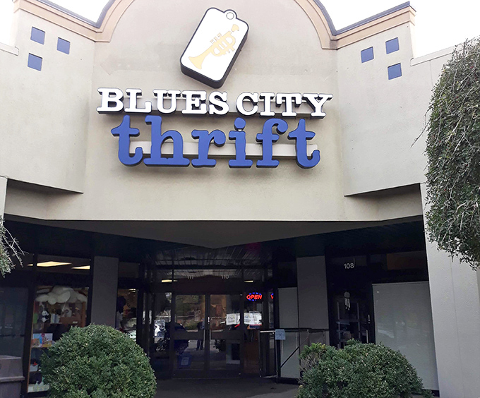 The blue lettering says it all—this Memphis thrift haven delivers musical city savings with a smile.
