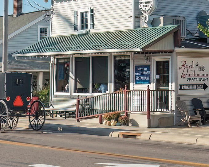 An Amish buggy parked outside Boyd & Wurthmann's—the ultimate seal of authenticity. When the experts eat here, you know it's the real deal.