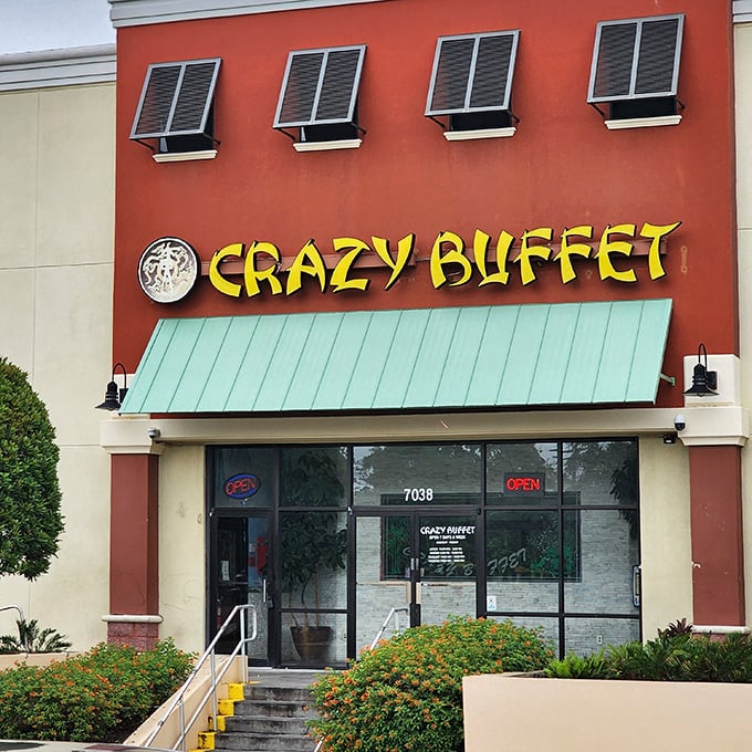 Bold name, bold flavors! Crazy Buffet's vibrant exterior hints at the culinary adventure waiting inside—where "just one more plate" becomes everyone's mantra. 