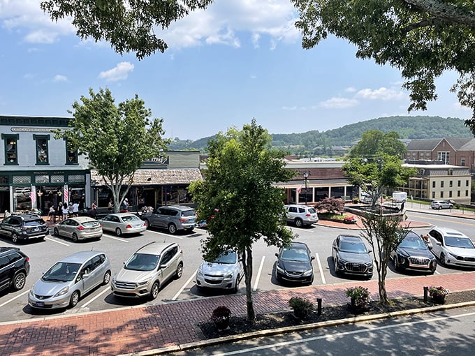 Dahlonega’s mountain-view street, with its spacious parking area, sets the scene for a historic town where America’s first gold rush began—long before California claimed the fame!