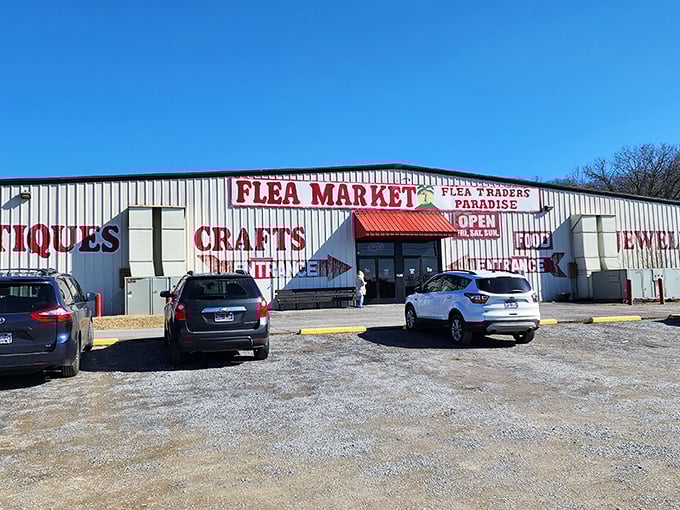 The bold red lettering promises paradise, and inside, the neat rows of vendor booths deliver on that heavenly bargain-hunting experience.