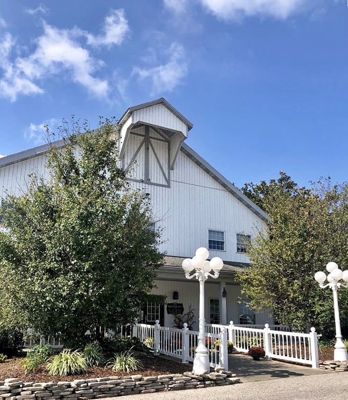 White barns and warm lighting create the perfect recipe for an unforgettable family dining experience. 